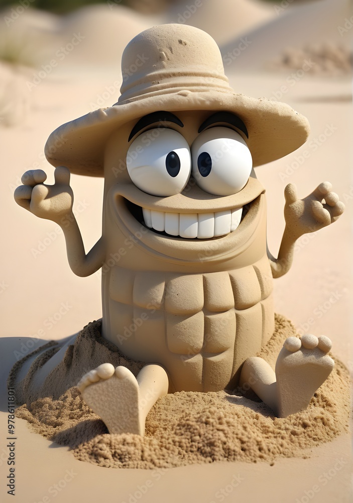 A goofy sandman character with big, round eyes and a wide, toothy grin ...