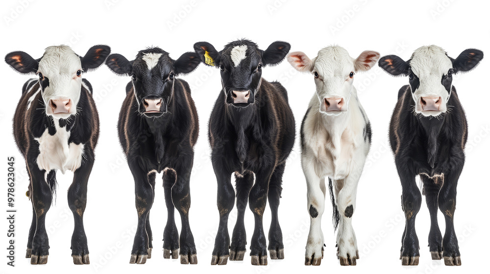 Five calves stand in a row, looking directly at the camera. Each calf ...