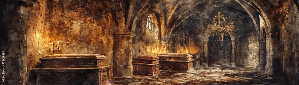 Eerie underground crypt with ancient stone walls, gothic arches, and ...