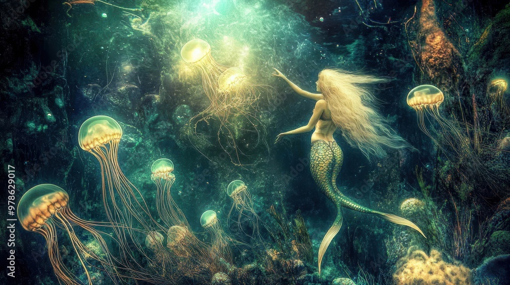 A mystical mermaid with flowing blonde hair swims gracefully underwater ...