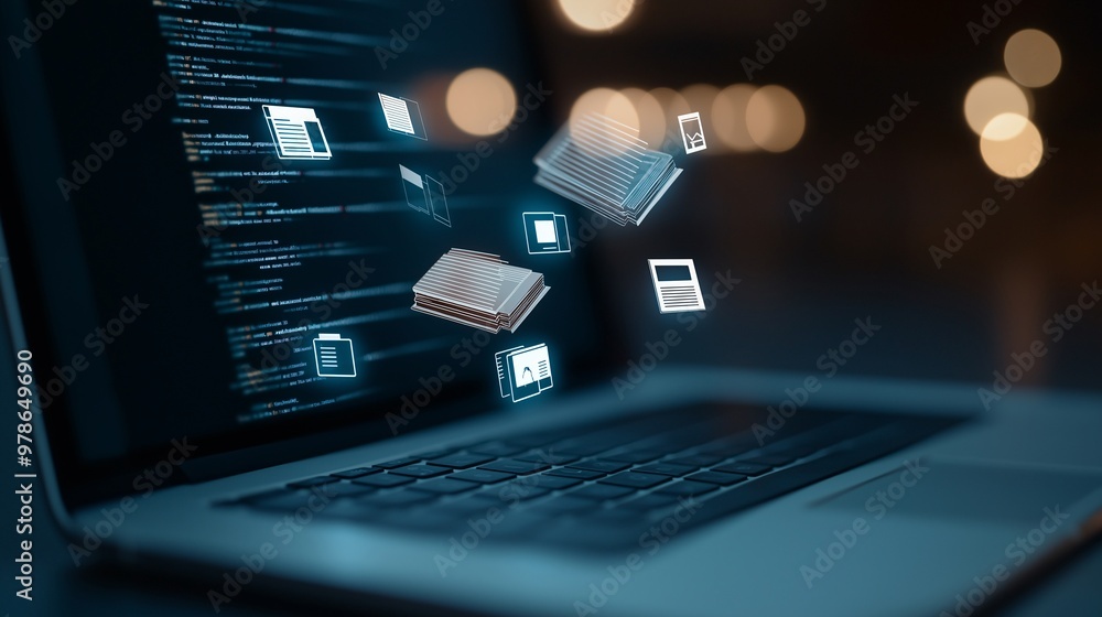 Digital Knowledge Overflow: A laptop screen bursts with flying books, representing the vast ...