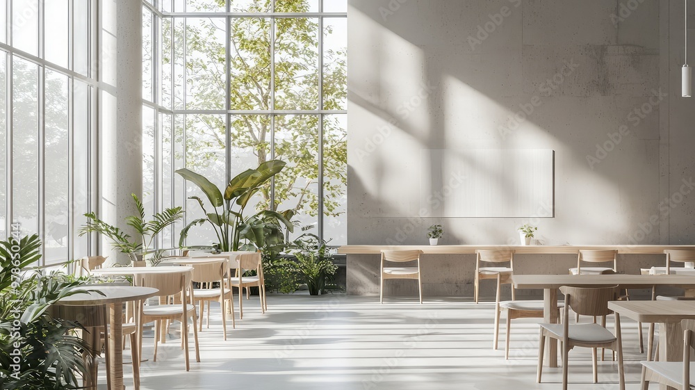 Bright and airy interior of a modern cafe with large windows, wooden ...