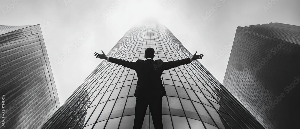 Man standing in front of a massive office tower arms spread wide ...