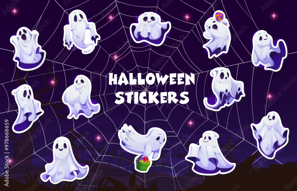 Stickers pack of Halloween holiday kawaii ghost characters with trick ...