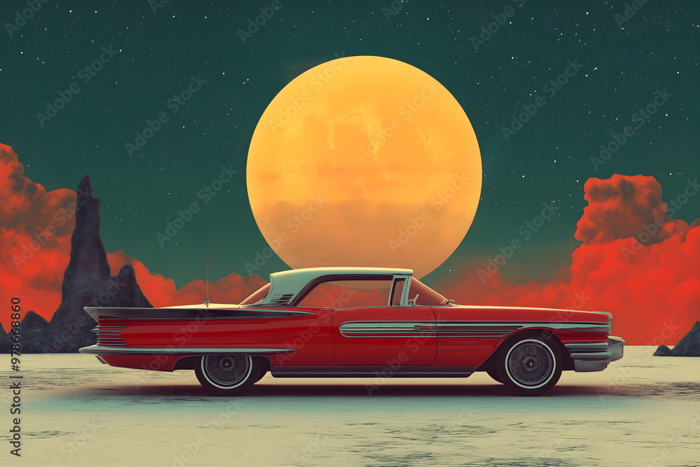 Retro red classic car on alien planet with giant yellow moon, surreal ...