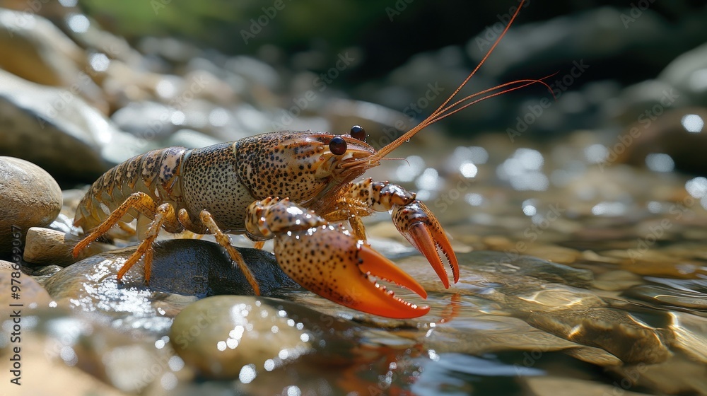 A crayfish climbing over rocks in a shallow stream, with water droplets ...