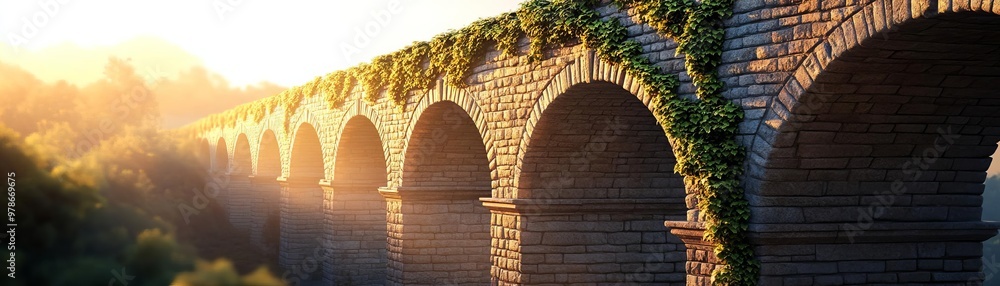 Low-angle view of an ancient stone aqueduct at sunrise, with ivy ...