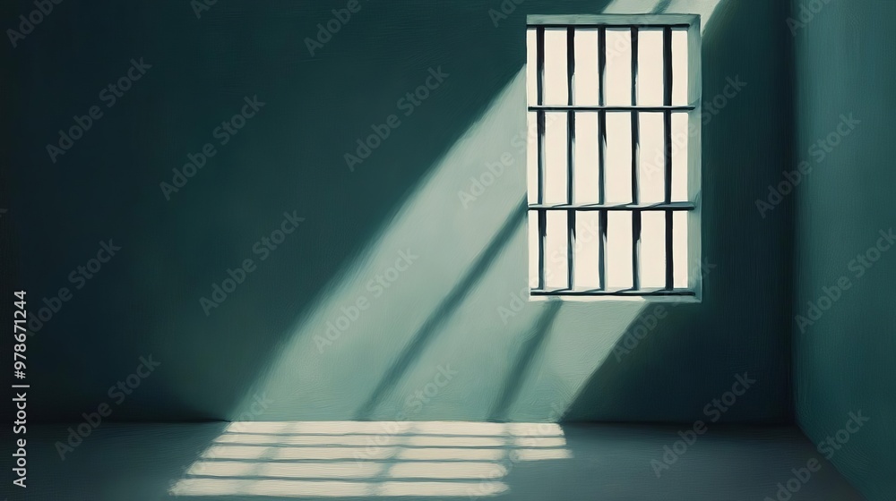 High-angle view of a prison solitary cell with a small barred window ...
