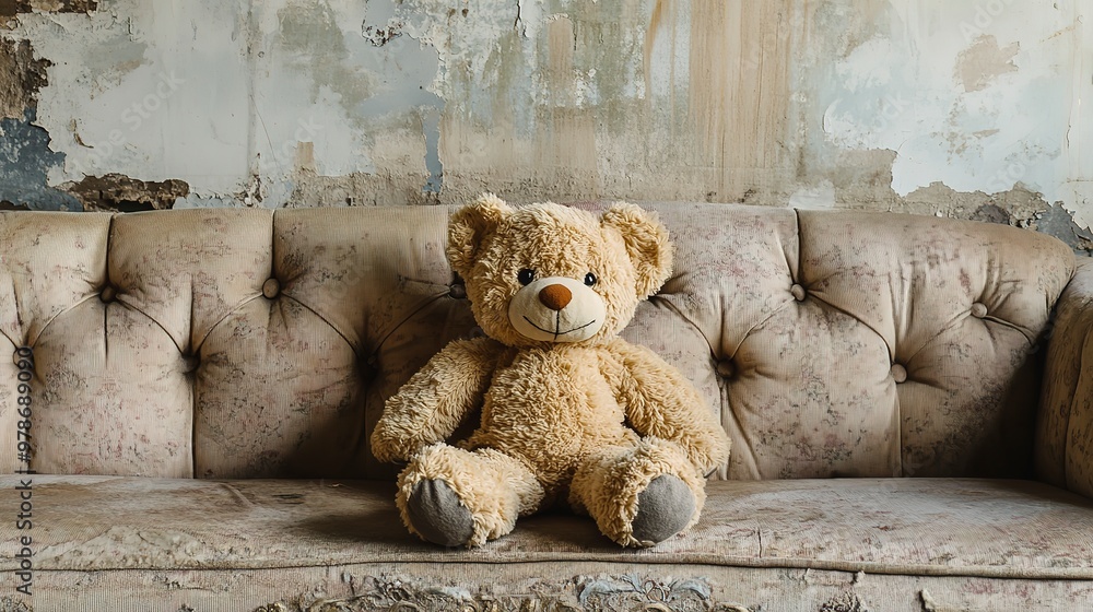 A tattered teddy bear on a worn sofa, a silent witness to the harsh ...
