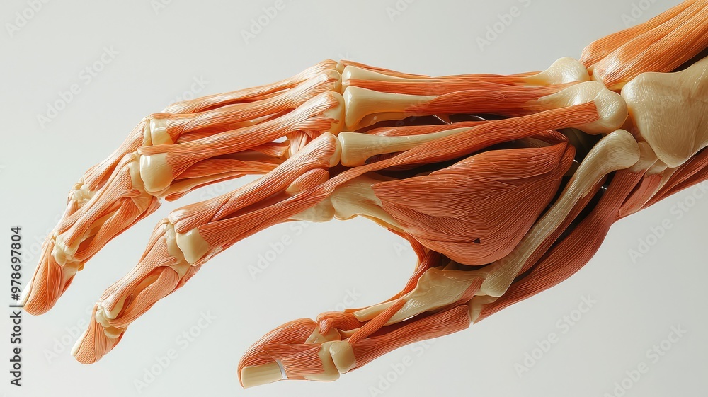 Detailed anatomical model of a human hand, showcasing muscles, bones ...