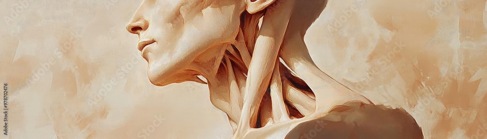 An artistic portrayal of the human neck anatomy, highlighting muscles ...
