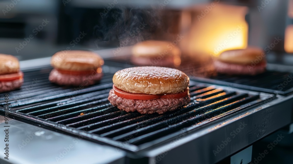 Robot chef flipping burgers on a smart grill in a tech-driven fast-food ...