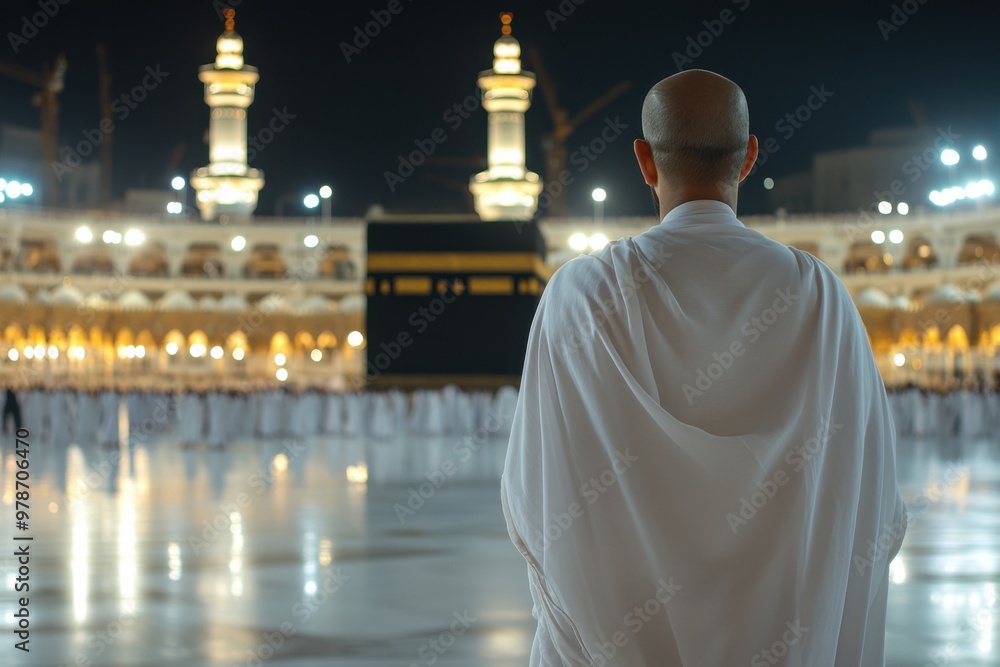 A man standing with his back to the camera, wearing white ihram ...