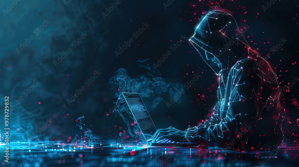 3D low poly vector illustration hacker with laptop on technology dark background. Cyber attack ...