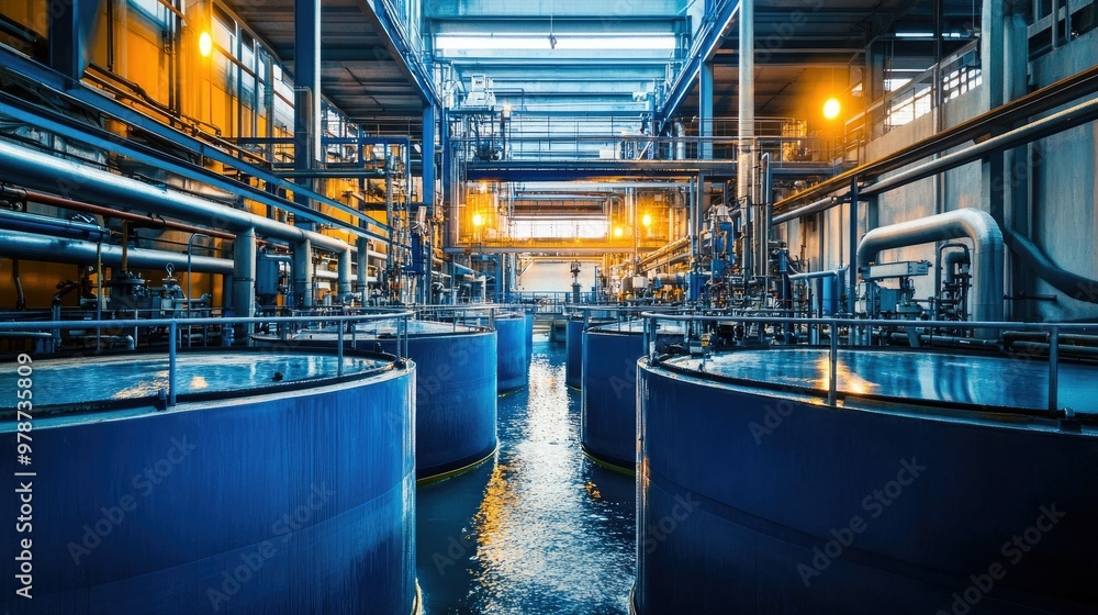 Water purification tanks in a chemical factory, surrounded by pipes and ...