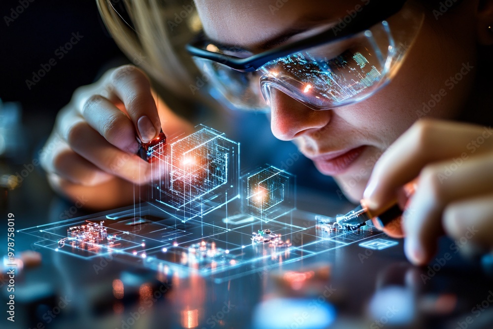 Researchers setting up electronics assembly processes while visualizing ...