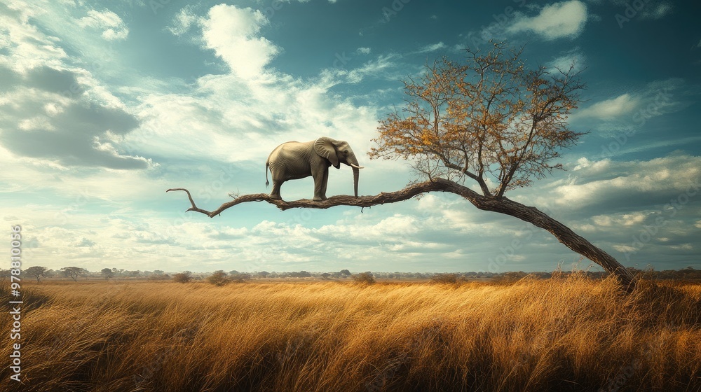 A lonely elephant balancing on a tree branch in a wide-open field, the ...