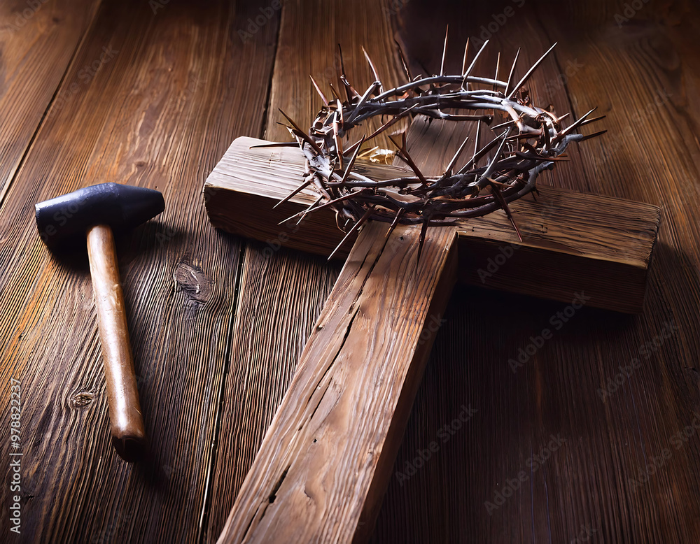 Passion of Jesus- Wooden cross with a crown of thorns, hammer, and ...
