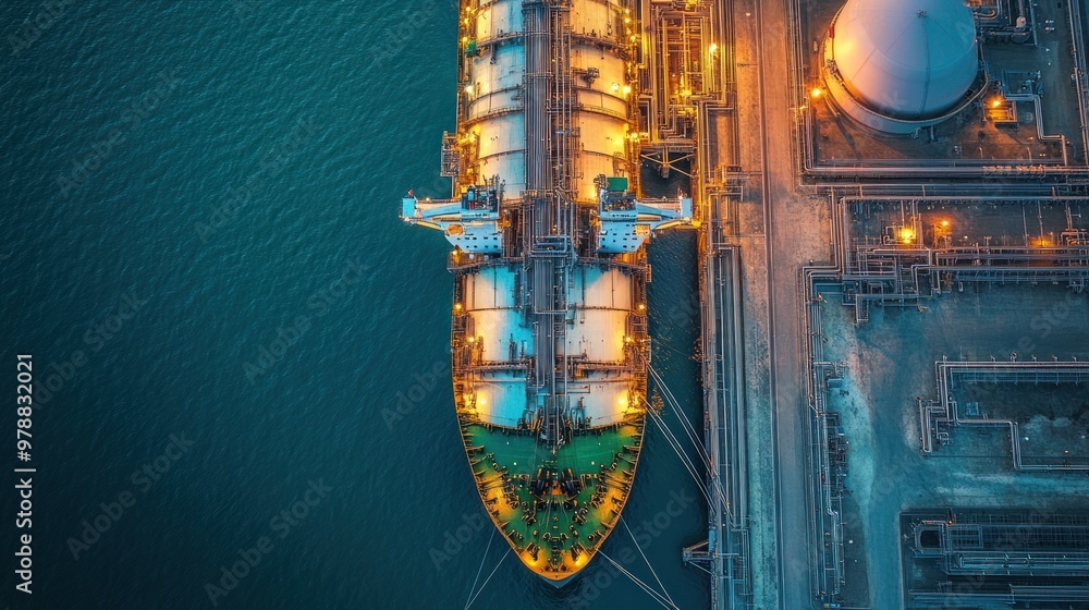 A gas tanker ship docking at an LNG terminal, with cranes and pipelines ...