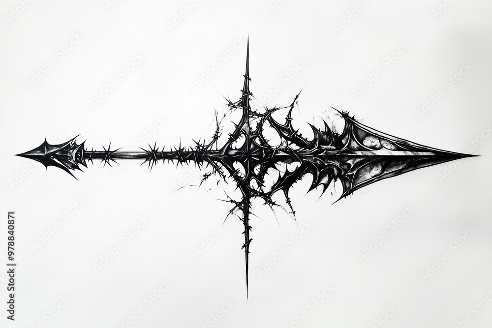 Tattoo design, black on a white background, of an arrow with a barbed ...