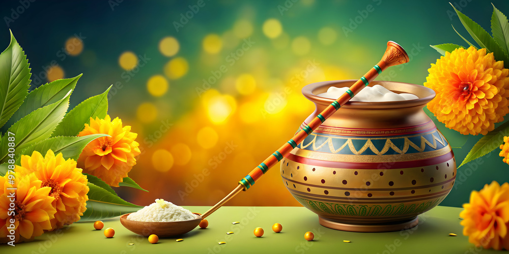 Festive Dahi Handi poster design with a full curd pot and golden flute ...
