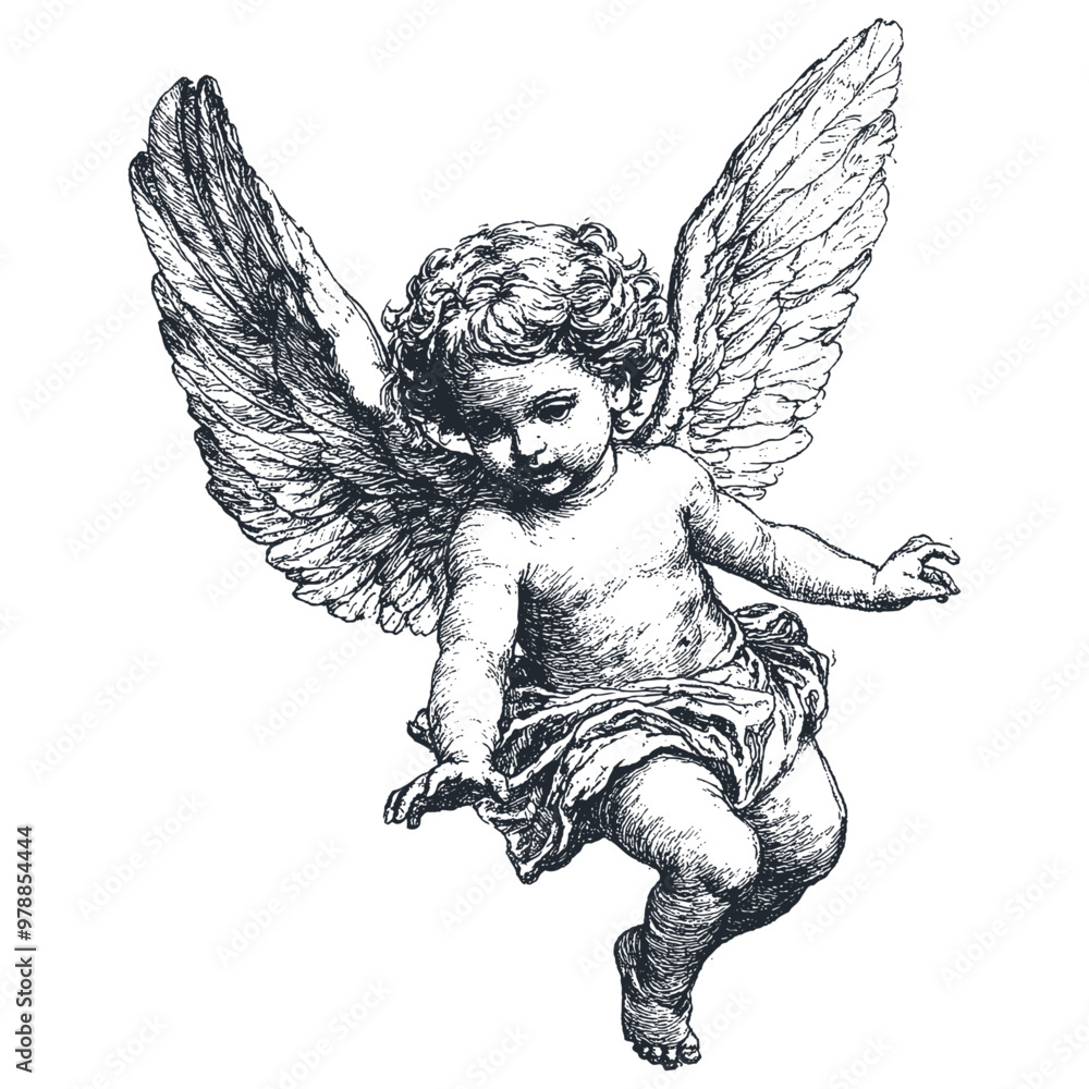 A detailed vector illustration of a cherub with wings, depicted in a ...