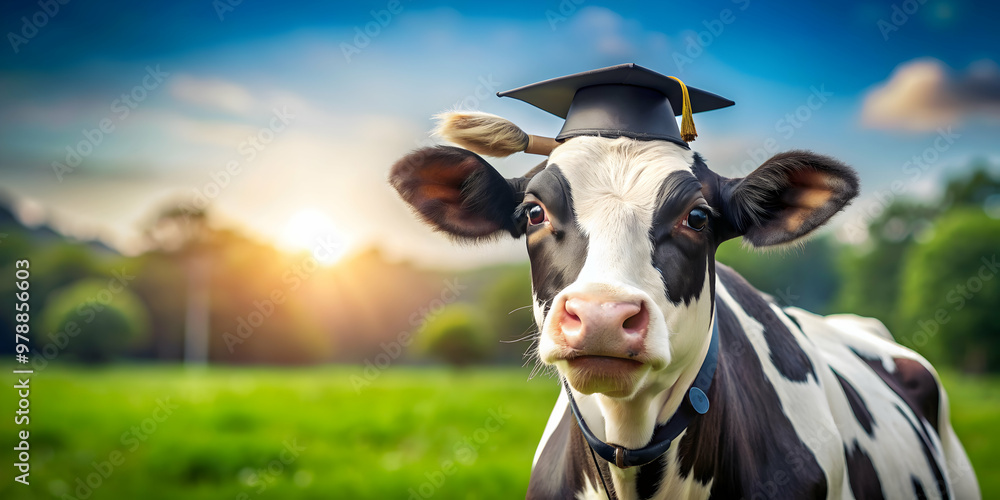 Happy cute cow in a graduation cap, adorable animal , cow, cute, happy ...