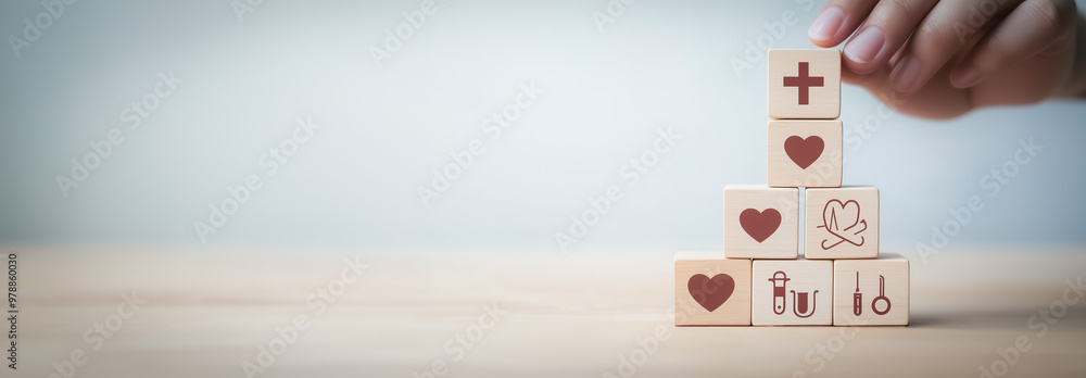Person arranging wooden blocks into a pyramid structure, each block ...