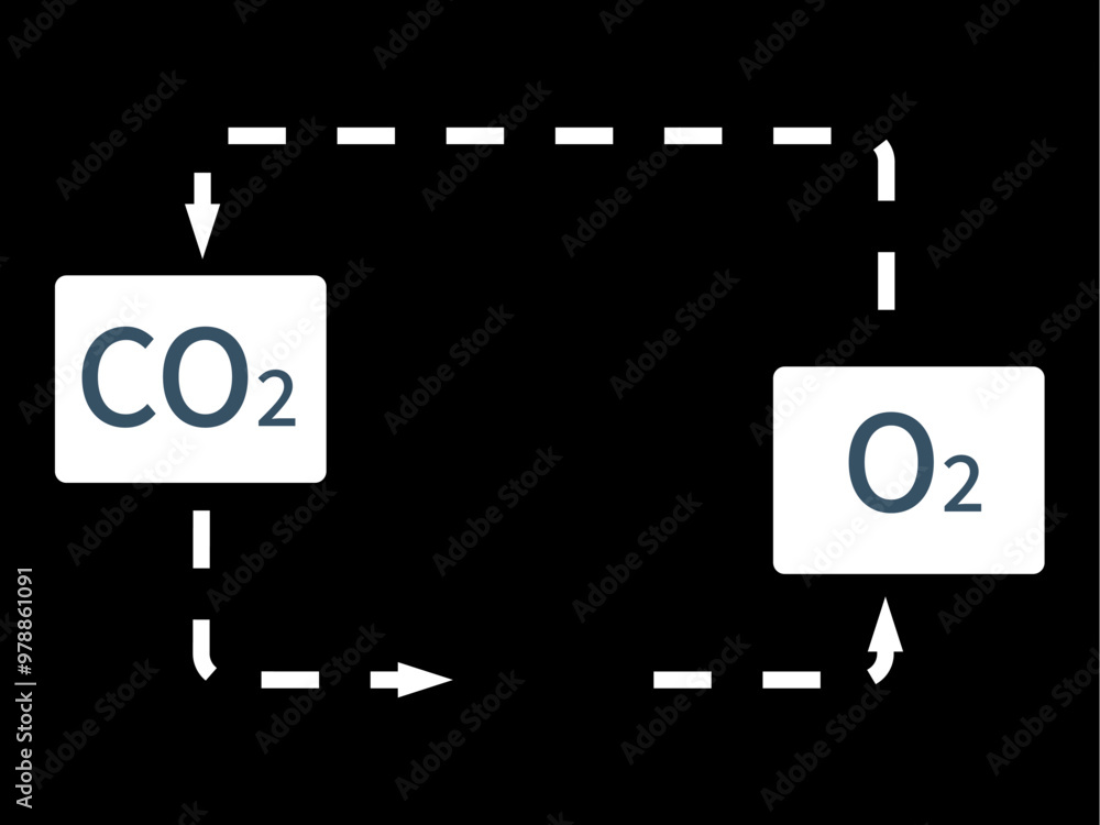 O2 to CO2 carbon dioxide, climate change, black and white icon or ...