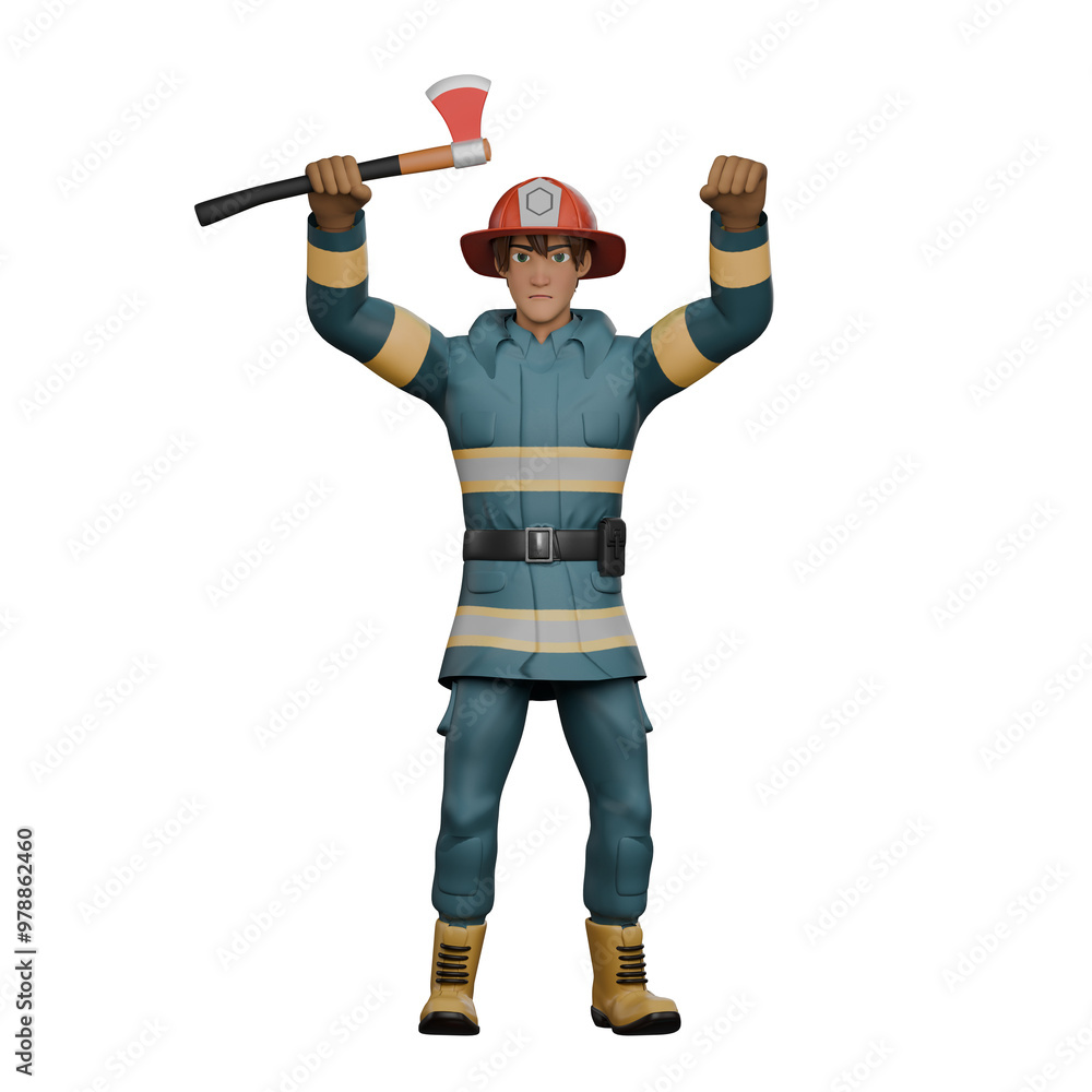3D Male Firefighting Expert. A firefighter stands with both hands ...