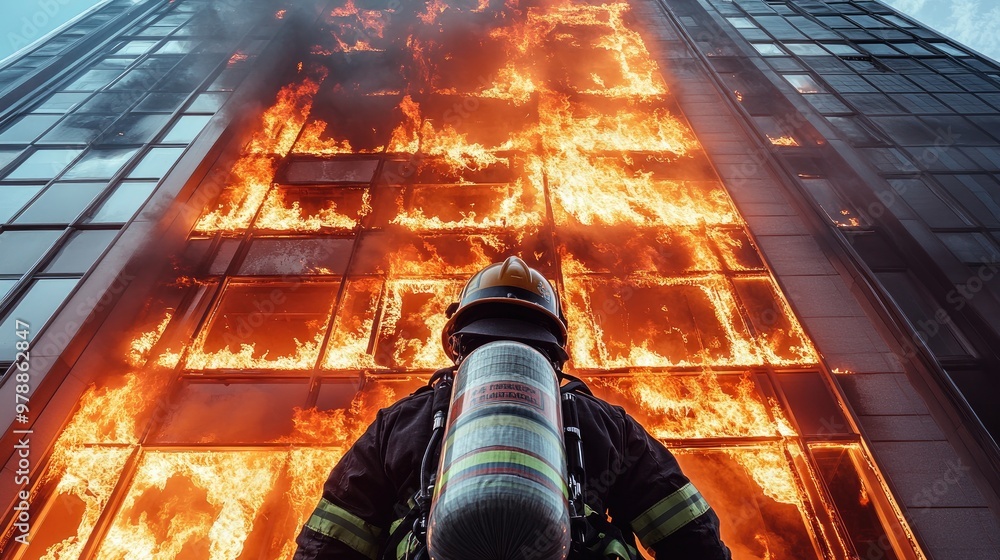 Flames rage through the windows of a skyscraper as a firefighter in ...