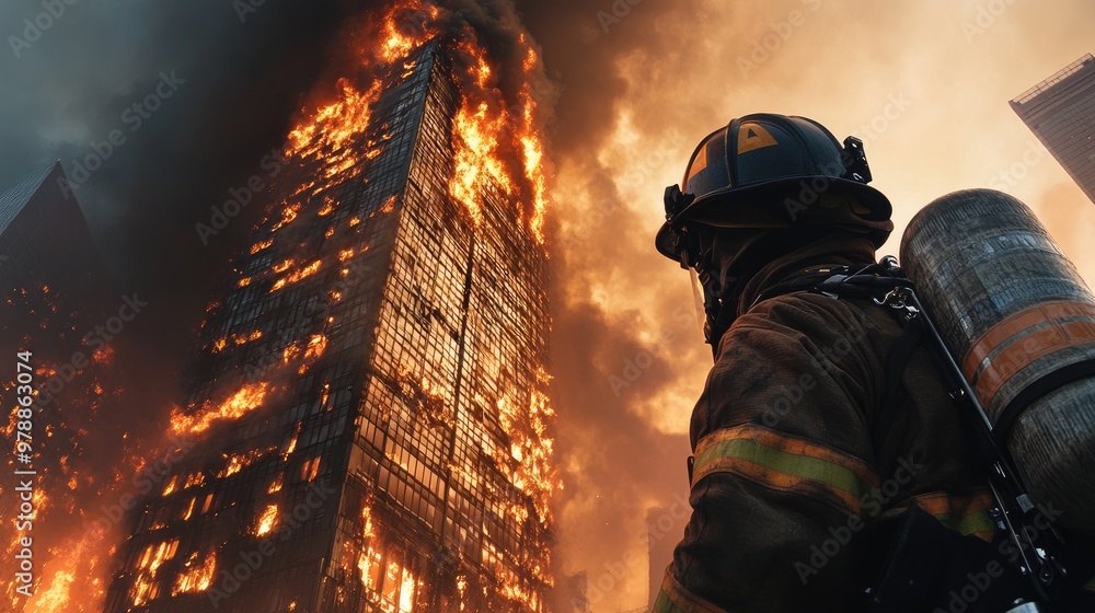 Flames rage through the windows of a skyscraper as a firefighter in ...