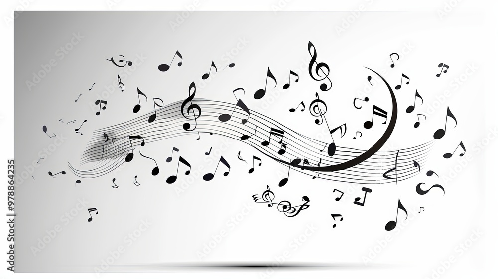 A vibrant black and white image of musical notes gracefully flowing ...