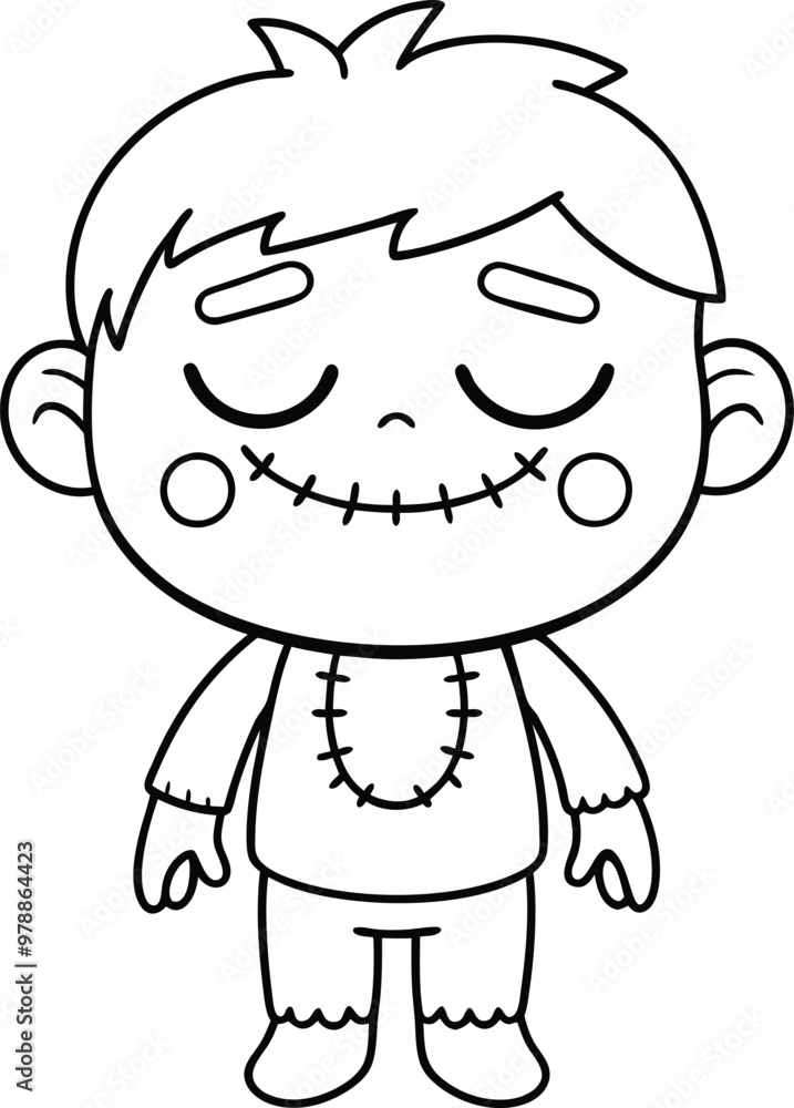 Cute Cartoon Zombie with Happy Closed Eyes Coloring Page for Kids with ...