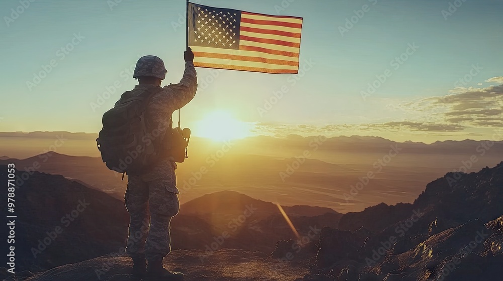 Patriotic soldier raising the USA flag as the sun breaks the horizon ...