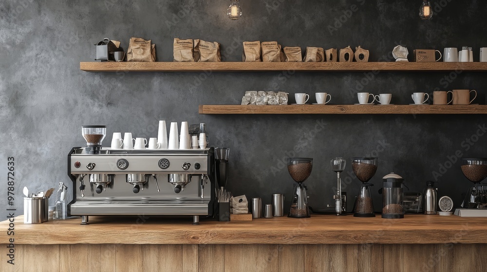 33. A detailed view of a coffee shop's wooden counter with an espresso ...