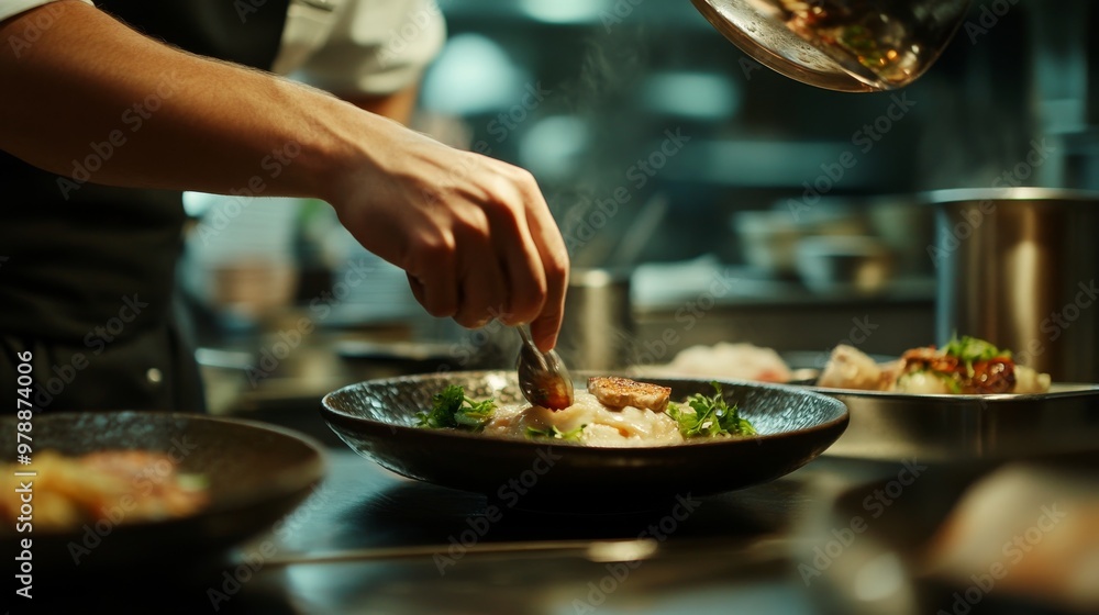 59. A close-up of a chef placing a completed dish on the distribution ...