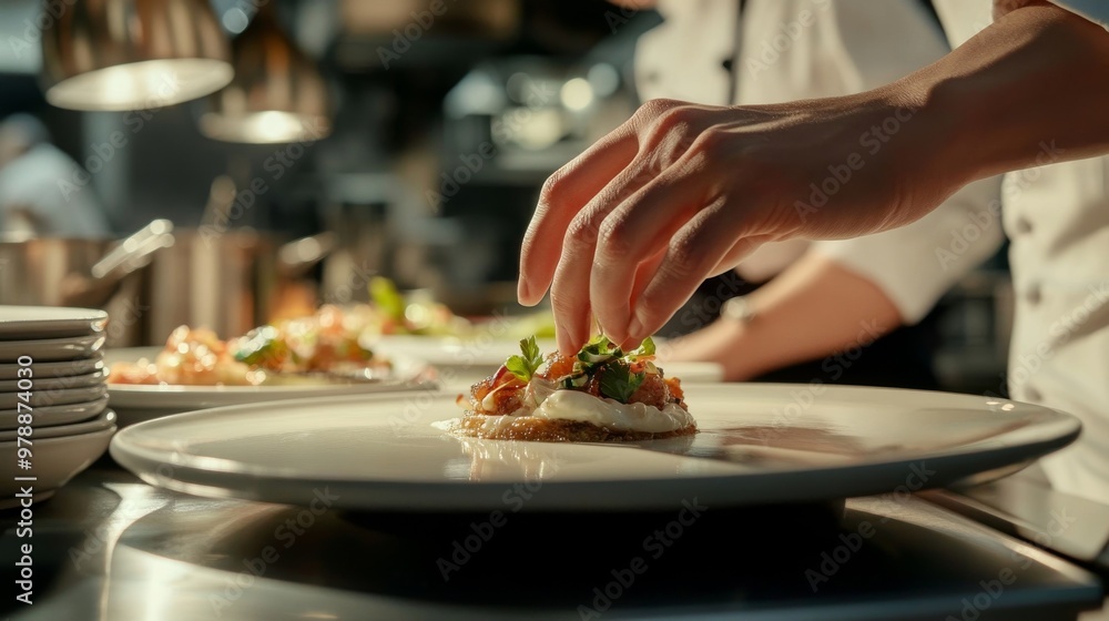 59. A close-up of a chef placing a completed dish on the distribution ...