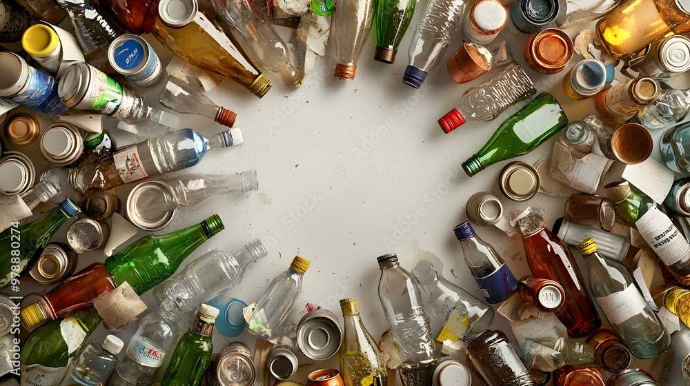 Recyclable waste materials like glass bottles, paper, and metal cans ...