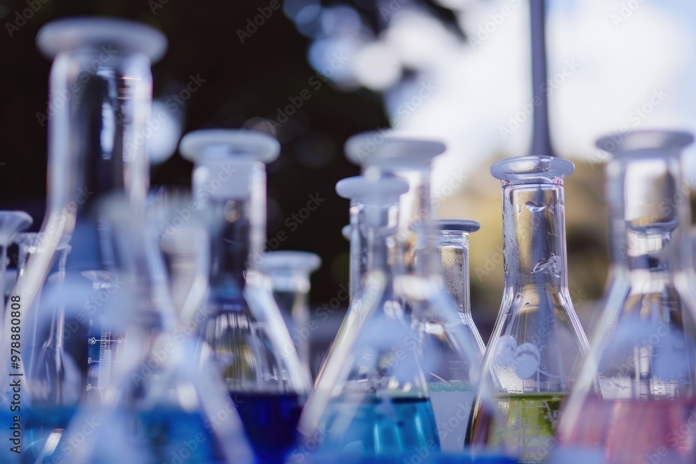 Laboratory glass beakers with different colored liquids in focus ...