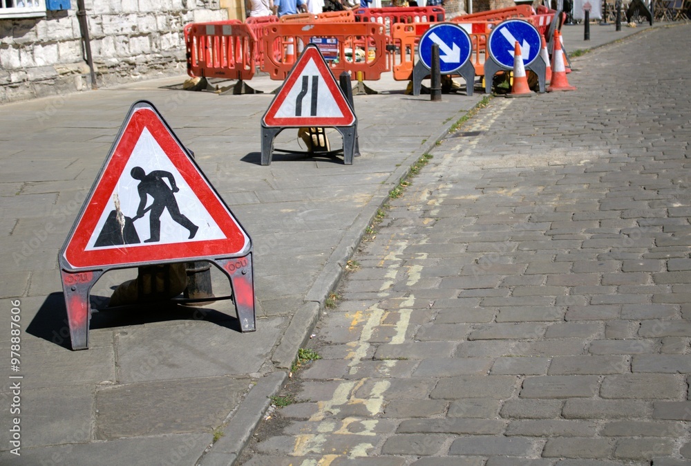 Poster paved street with road signs on road works and road narrowing ...