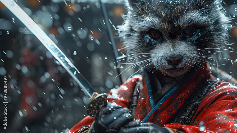Imagine a raccoon in samurai attire, wielding a katana in a snowy ...