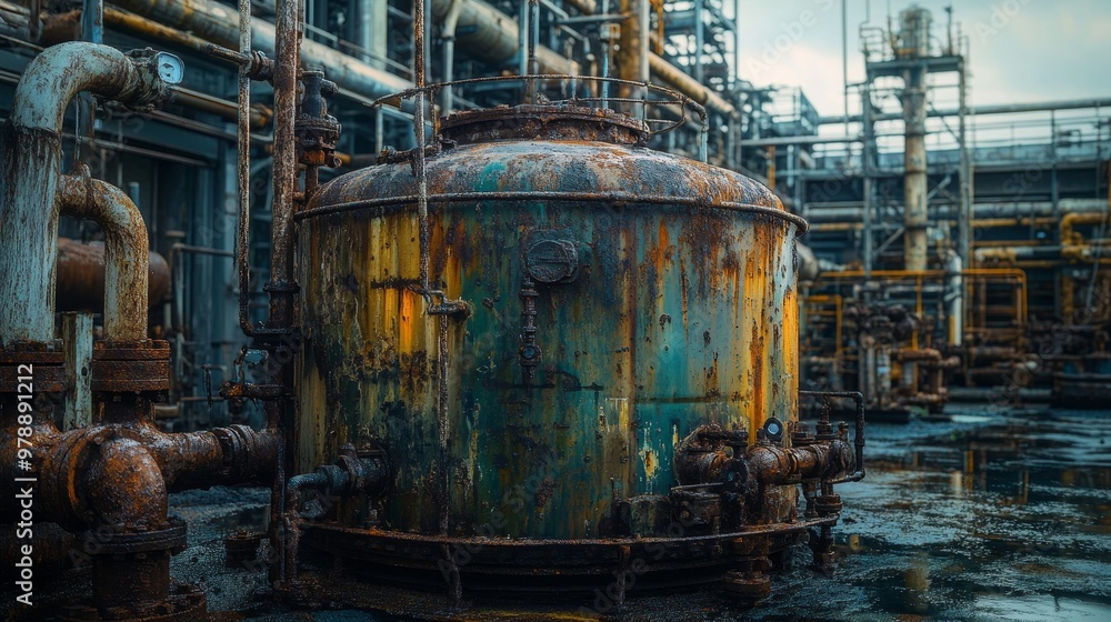 A corroded steel tank in an old factory, with pipes twisted around ...