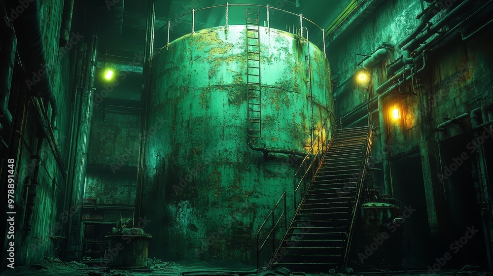 A deteriorating stainless steel tank inside an abandoned factory ...
