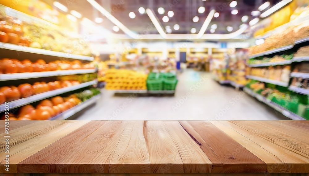 Wooden Countertop in Focus with Blurred Supermarket Aisles Full of ...
