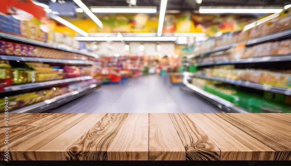 Wooden Countertop in Focus with Blurred Supermarket Aisles Full of ...