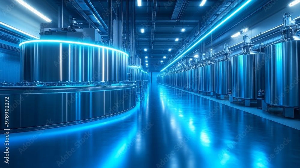 Stainless steel tank with milk pumping in, inside a high-tech dairy ...
