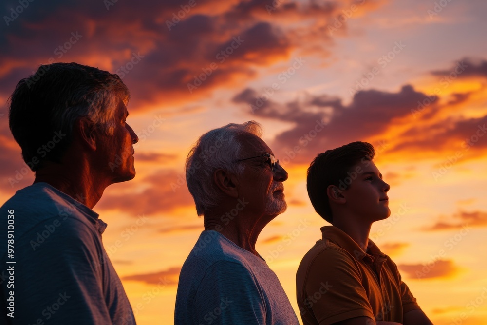 Three generations stand side by side, silhouetted against a vibrant ...