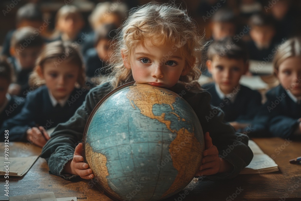 A young girl hugs a globe tightly in a classroom, surrounded by other ...