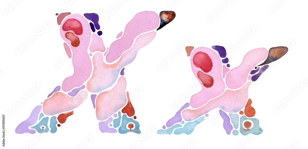 Handcrafted watercolor illustration of pink uppercase and lowercase "X" and "x" with soft pastel ...